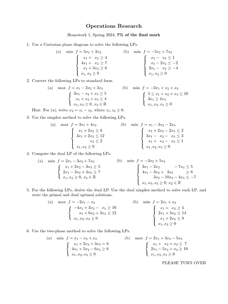 Operations Research Spring 2024 HW1 | PDF | Convex Set | Mathematics