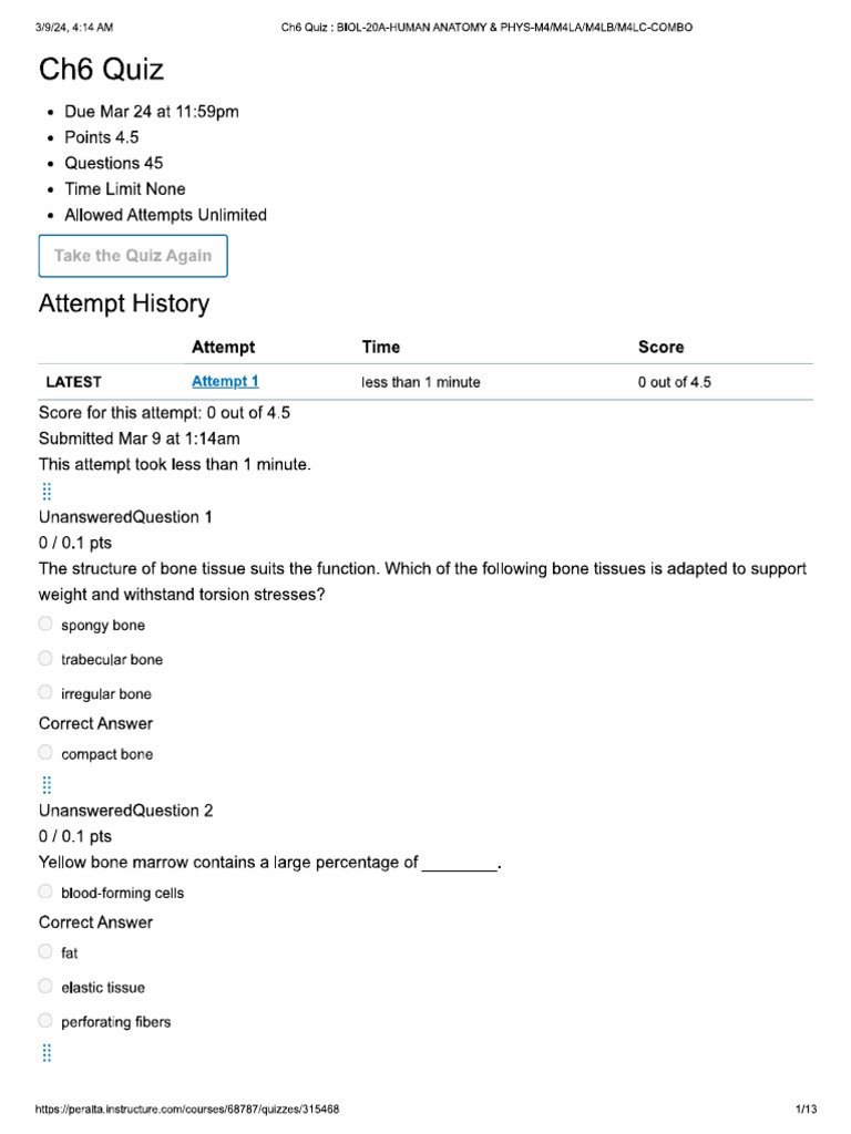 Ch6 Quiz - BIOL-20A-HUMAN ANATOMY & PHYS-M4 - M4LA - M4LB - M4LC-COMBO | PDF