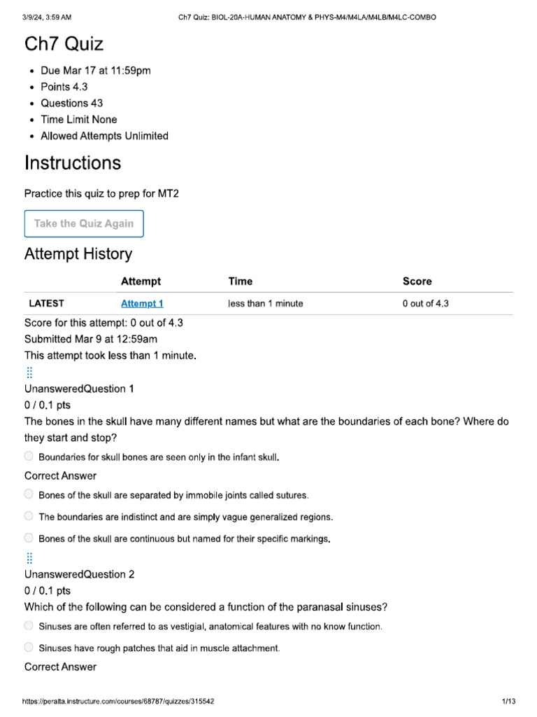 Ch7 Quiz - BIOL-20A-HUMAN ANATOMY & PHYS-M4 - M4LA - M4LB - M4LC-COMBO | PDF