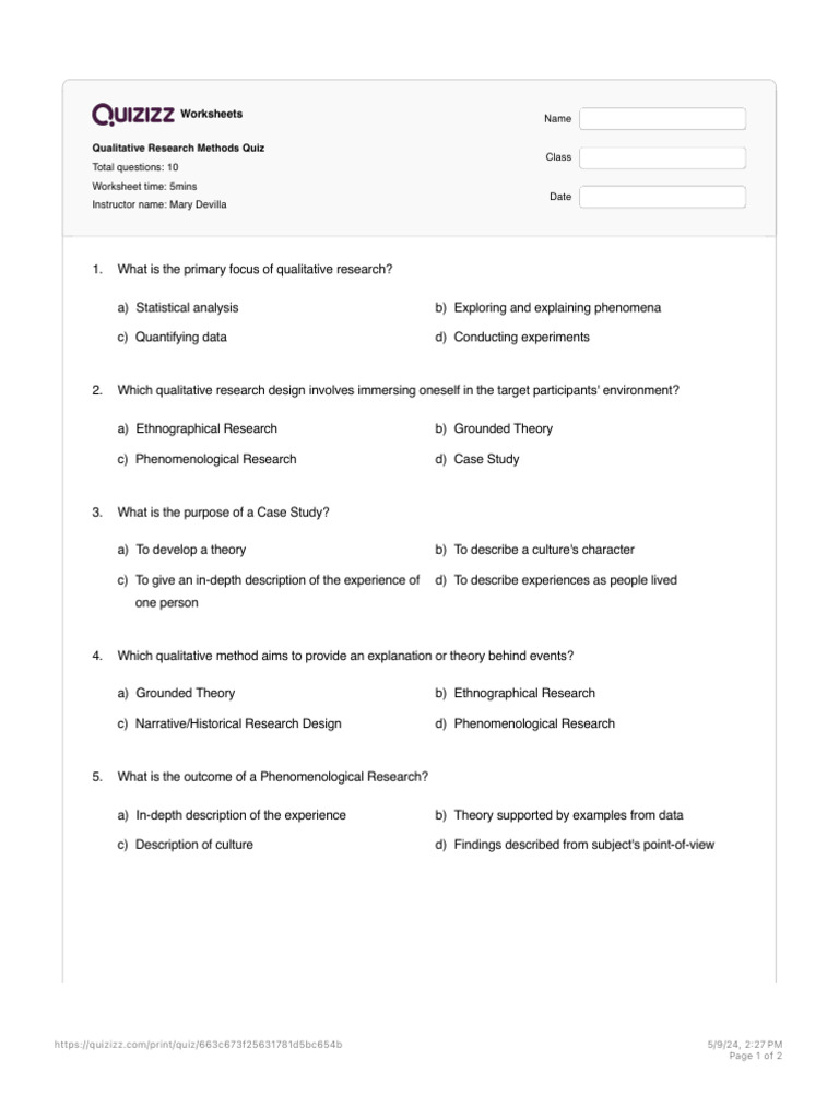 Qualitative Research Methods Quiz - Quizizz | PDF | Qualitative ...
