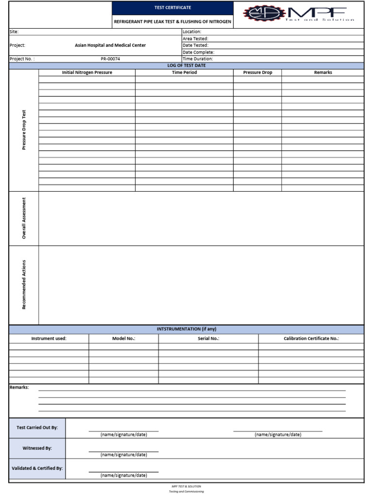 Pipe Leak Test & Flushing of Nitrogen Test Form | PDF