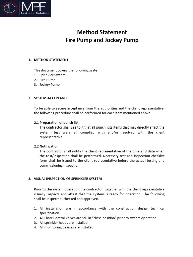 Method Statement - Fire Pump & Jockey Pump | Download Free PDF | Pump | Fire Sprinkler System