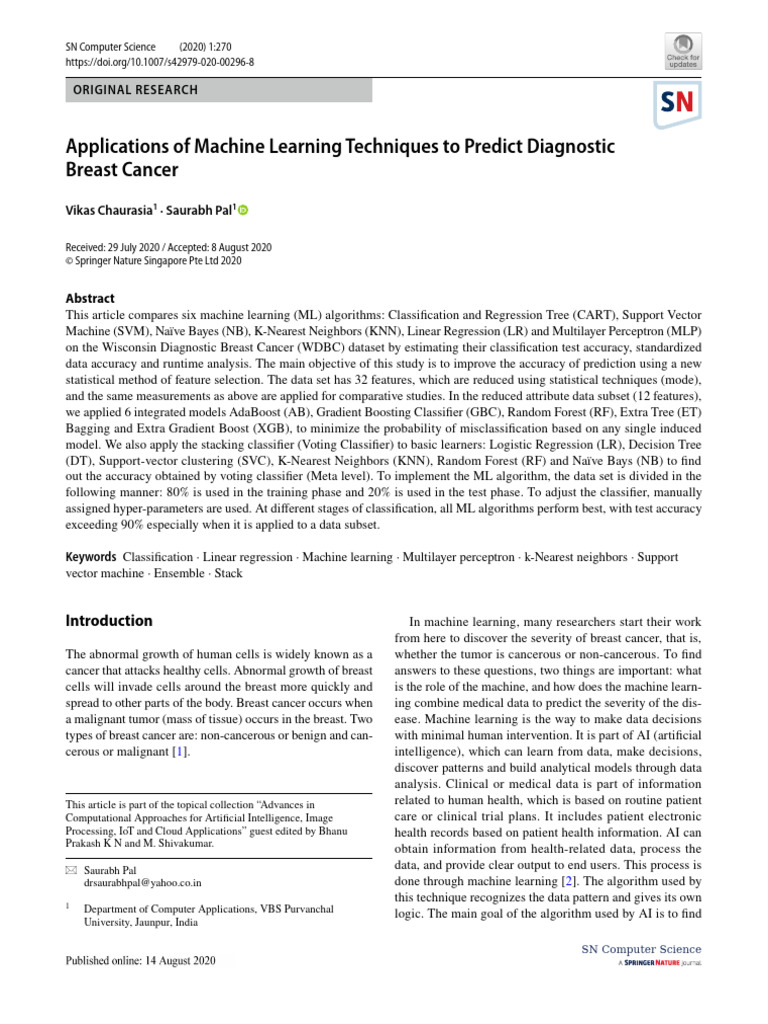 Applications of Machine Learning Techniques To Predict Diagnostic Breast Cancer | Download Free ...