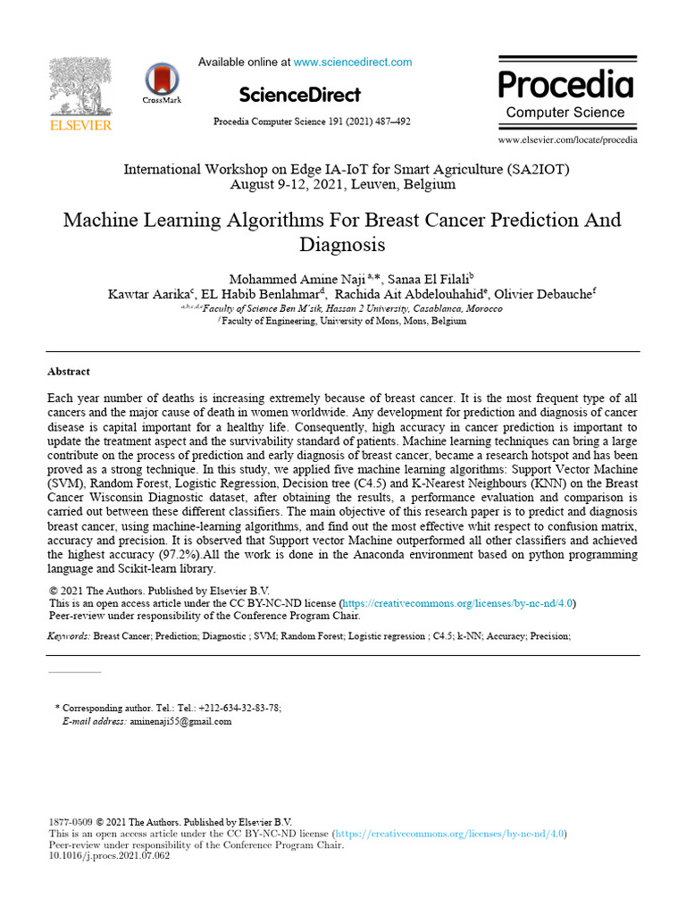 Machine Learning Algorithms For Breast Cancer Prediction and Diagnosis Machine Learning ...