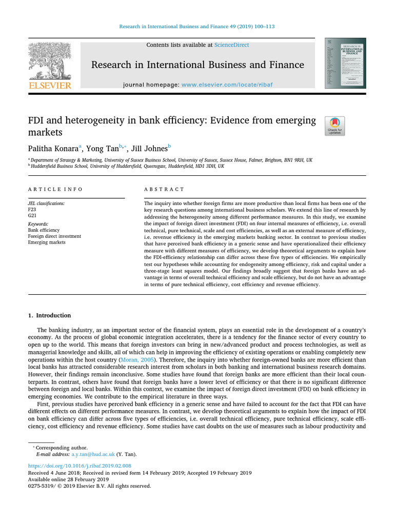 2019 RIBF Konara FDI and heterogeneity in bank efficiency evidence from emerging markets | PDF ...