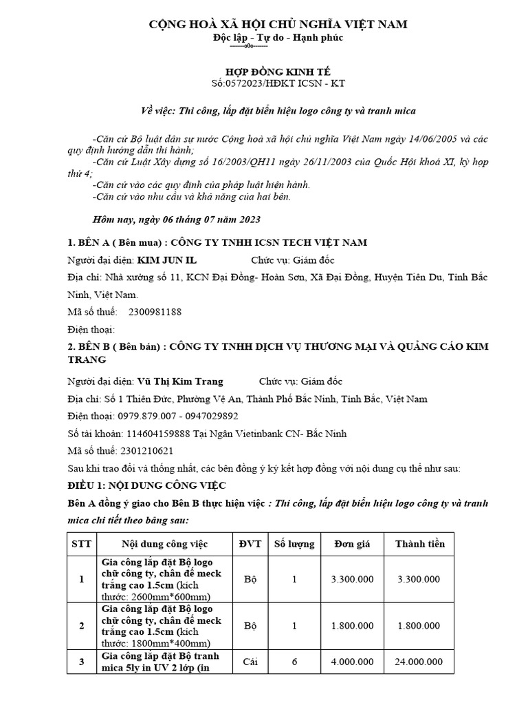 HỢP ĐỒNG KINH TẾ.ICSN.060723 (logo và slogan) | PDF