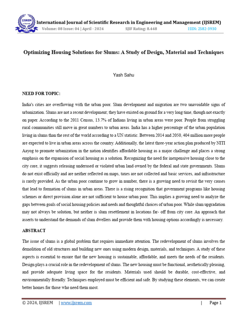 Optimizing Housing Solutions for Slums a Study of Design Material and ...