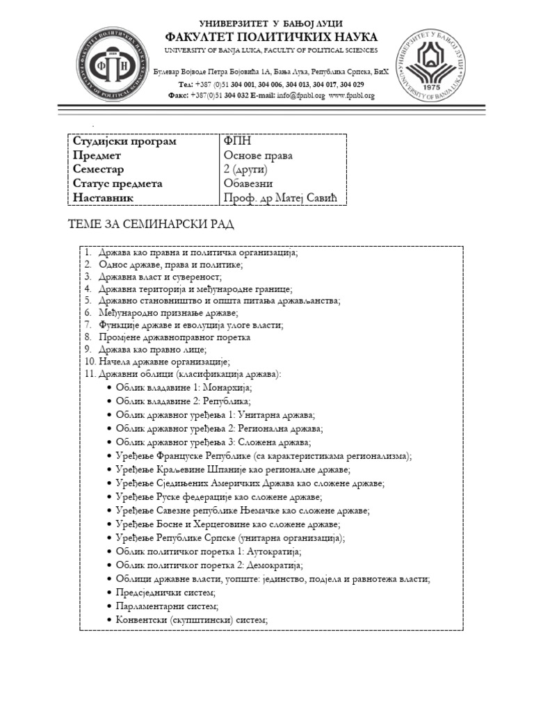 Osnove Prava - Teme Za Seminarski 2024 | PDF