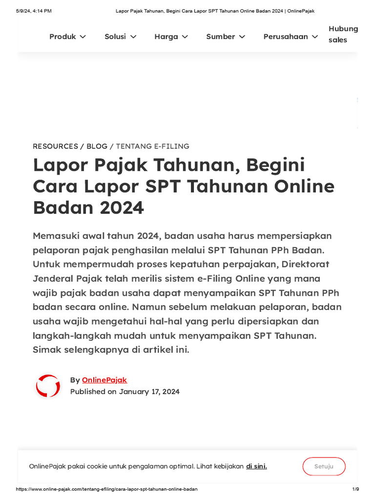 Lapor Pajak Tahunan, Begini Cara Lapor SPT Tahunan Online Badan 2024 - OnlinePajak | PDF