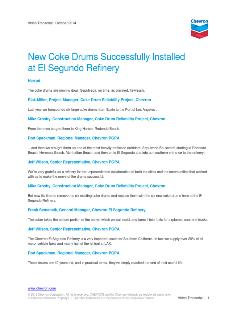 Transcript New Coke Drums Successfully Installed | PDF | Chevron Corporation