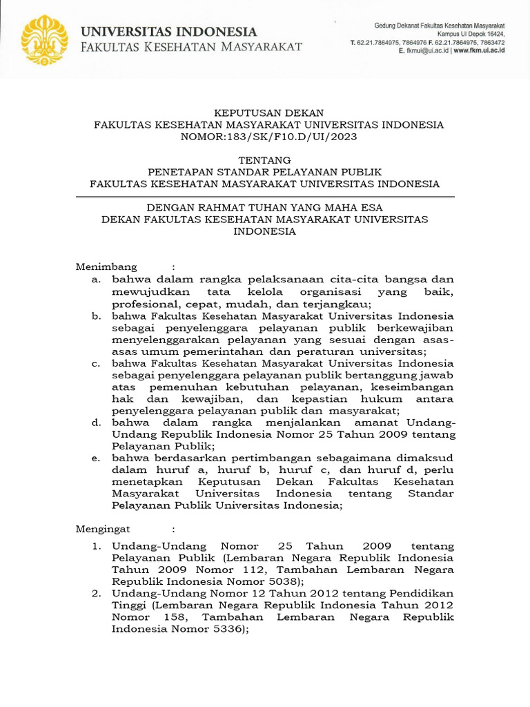 Vi.i.a f4. SK Penetapan Standar Pelayanan Publik FKM Ui Tahun 2023 | PDF