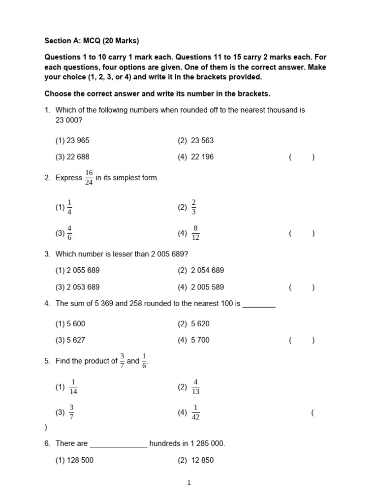 P5 Mathematics CA1 Paper1 | PDF | Arithmetic