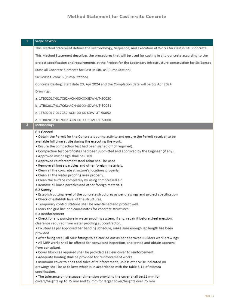 Method Statement For Cast In-Situ Concrete | PDF | Concrete | Emergency