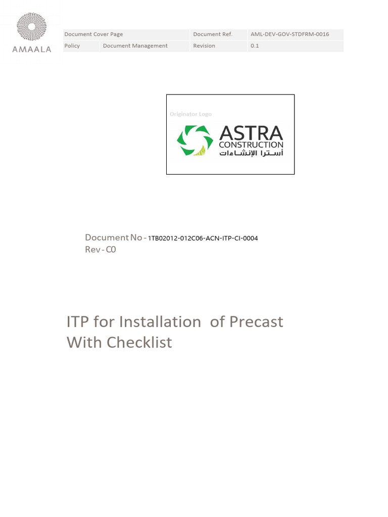 ITP For Installation of Precast With Checklist | PDF | Specification (Technical Standard)