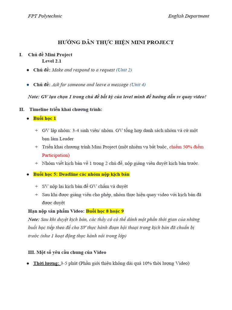 (Level 2.1) Hướng dẫn triển khai Mini Project | PDF