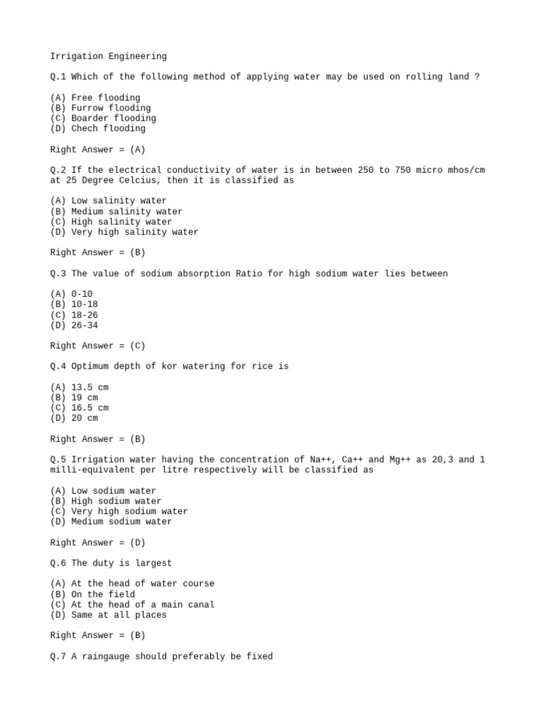 Irrigation Engineering Quiz Questions | PDF | Discharge (Hydrology ...