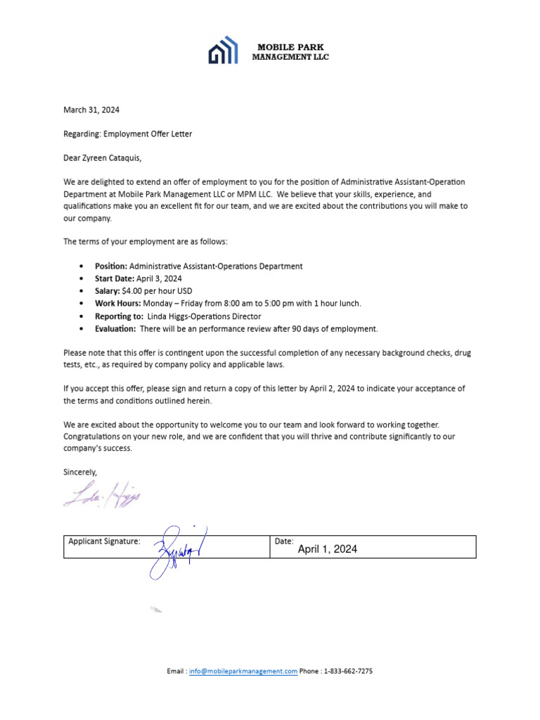 Employment Offer for Zyreen Cataquis | PDF