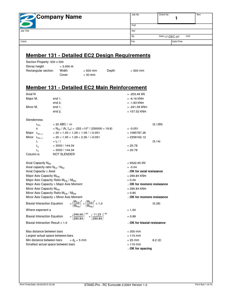 Column Sample EC2 Using Staad | PDF