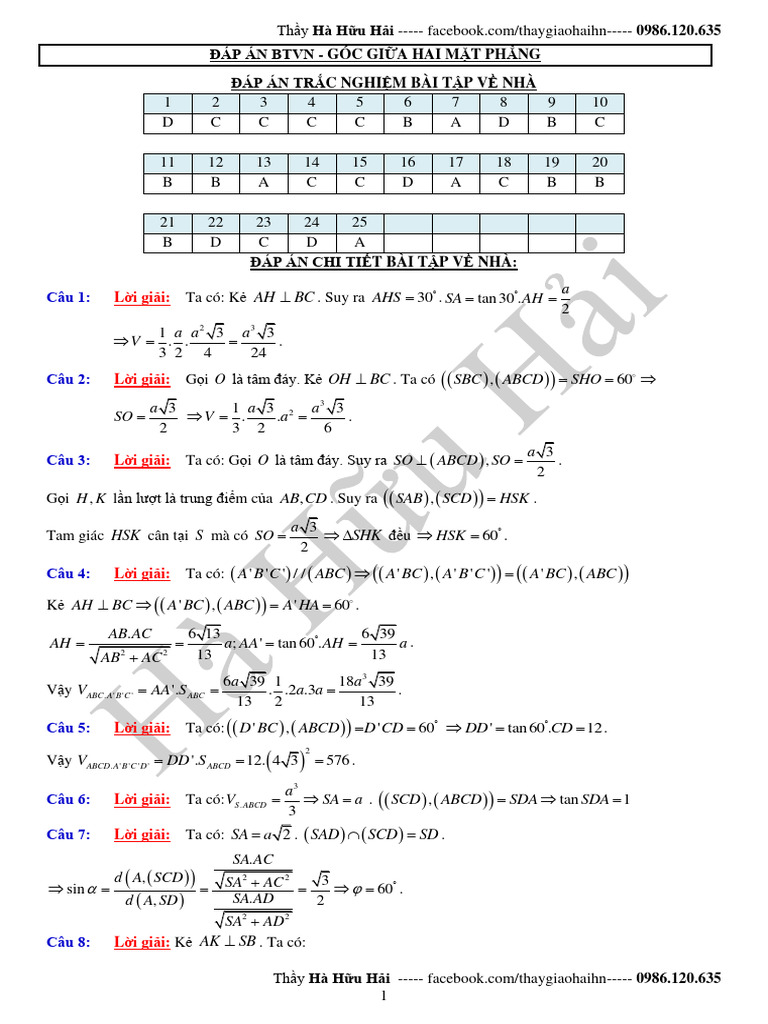 2. Góc giữa hai mặt phẳng Đáp án BTVN gửi học sinh | PDF
