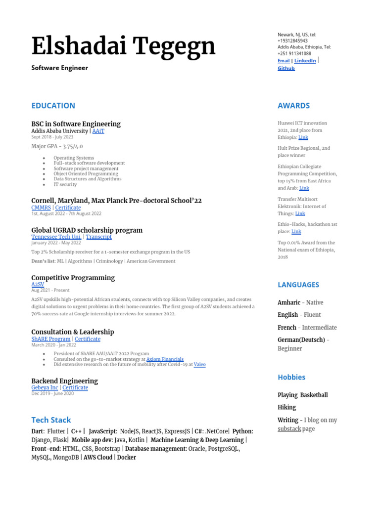 Elshadai Tegegn CV Jan23.0f7232dbf16a542b3c76 | PDF | Mobile App ...