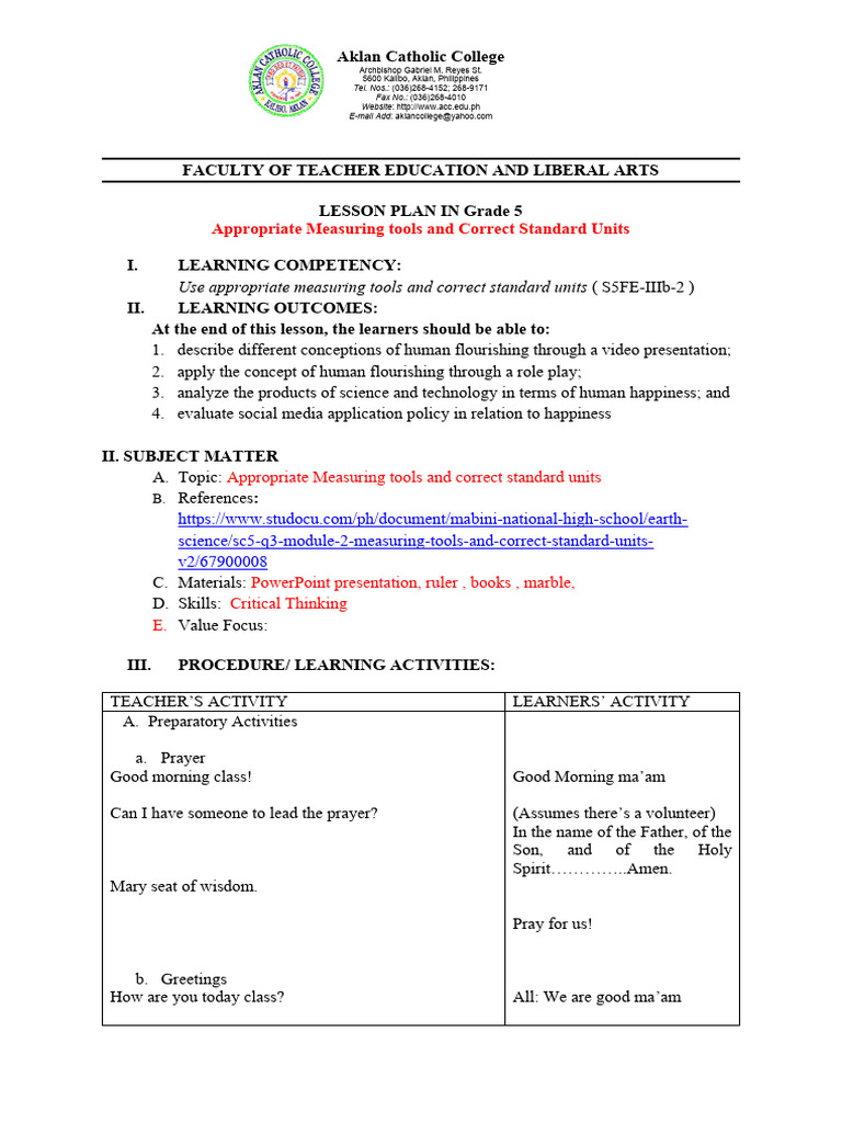 LP Appropriate Measuring Tools and Correct Standard Units | PDF ...