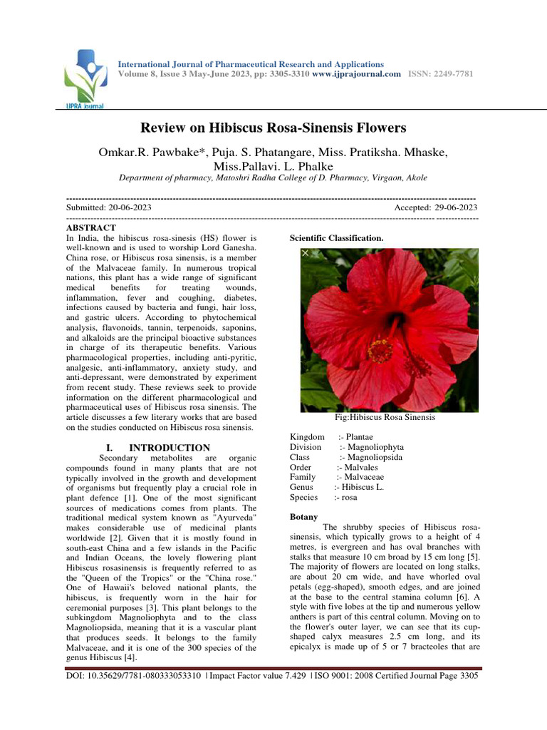 Review On Hibiscus Rosa Sinensis Flowers | PDF | Flavonoid