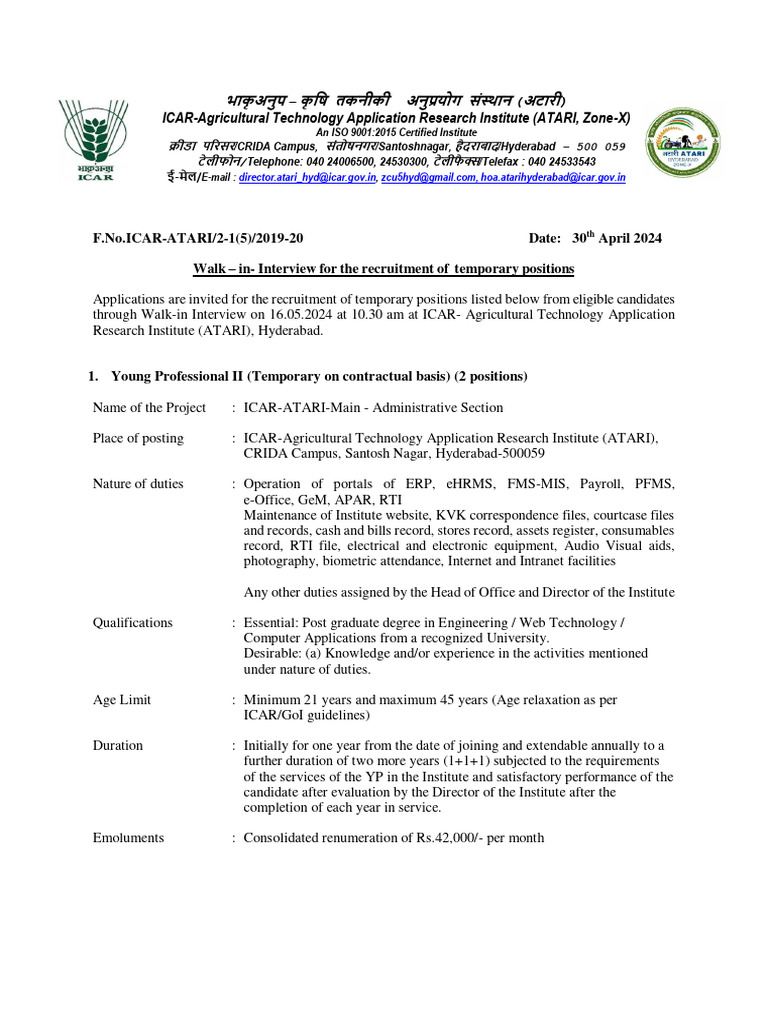 Recruitment of YP-I & YP-II to Be Held on 16.05.2024 | PDF