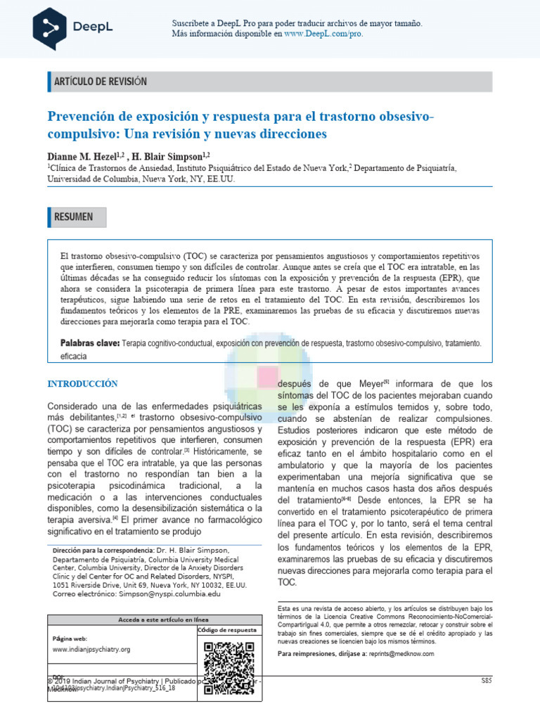 Paper OCD Treatment 2 Es | PDF | Desorden obsesivo compulsivo | Terapia ...