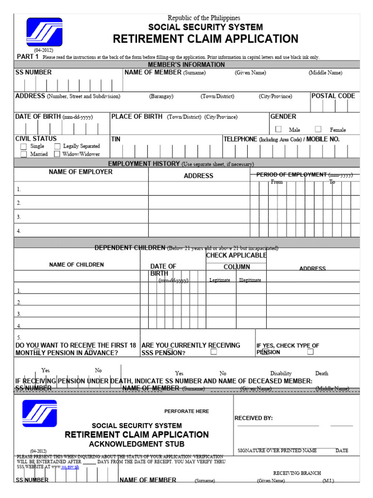 SSS Retirement Claim Application Form | PDF | Retirement | Identity ...