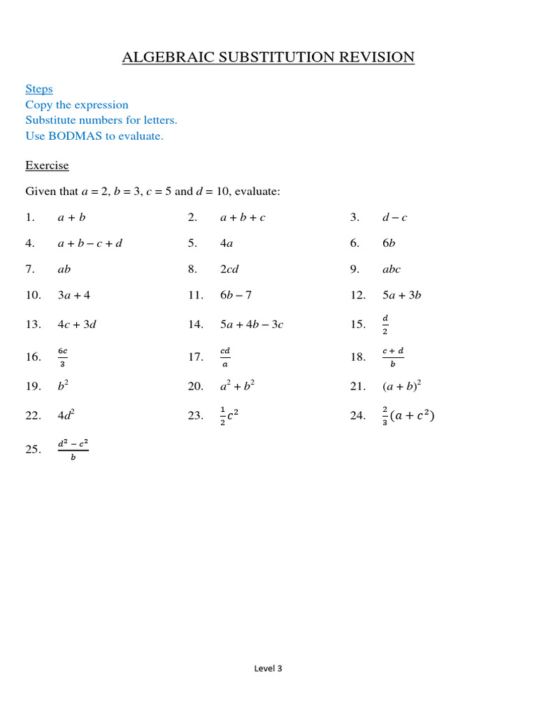 Algebraic Substitution Worksheet | PDF