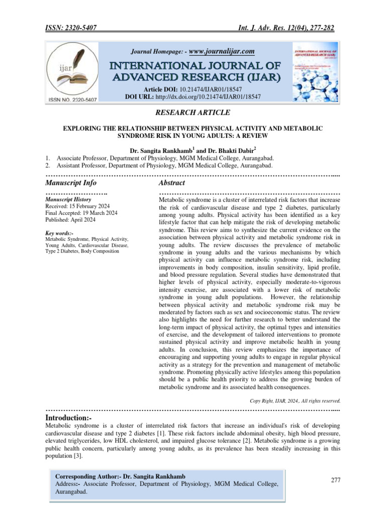 Exploring The Relationship Between Physical Activity and Metabolic Syndrome Risk in Young Adults ...