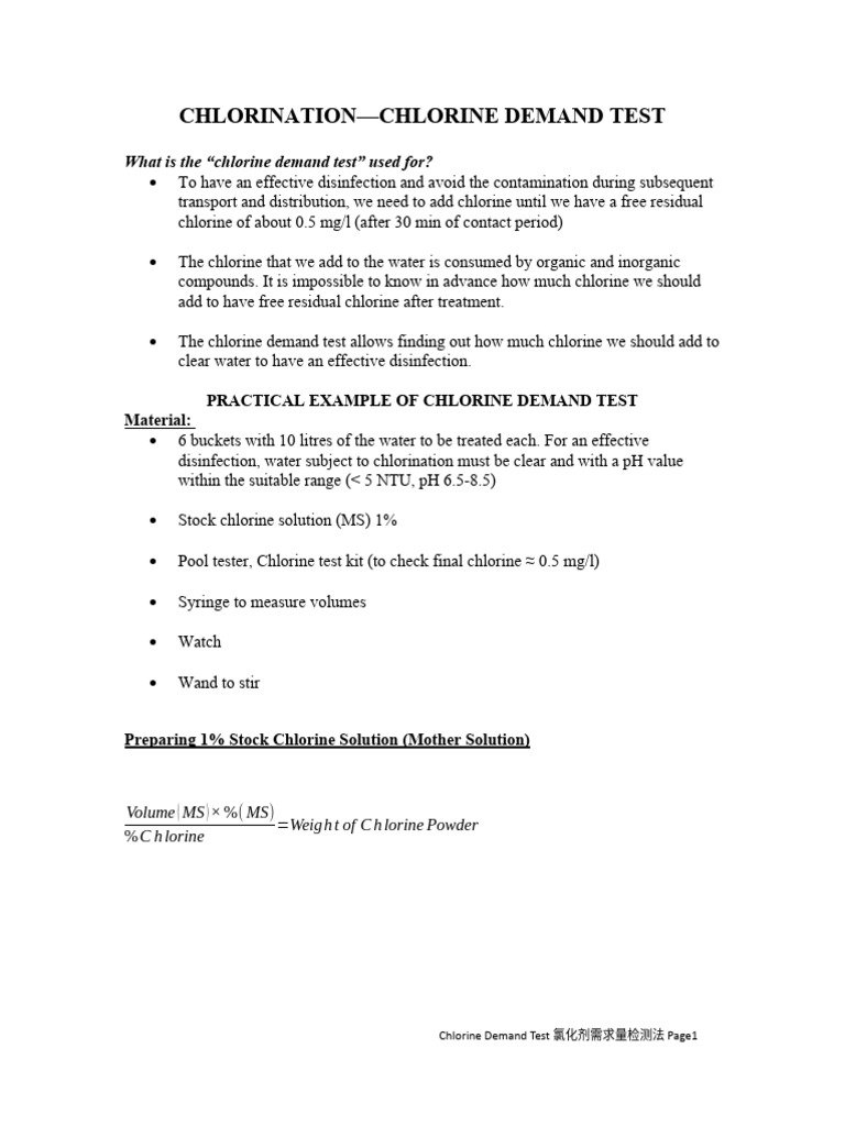 Chlorine Demand Test for Water Treatment | PDF | Chlorine | Water