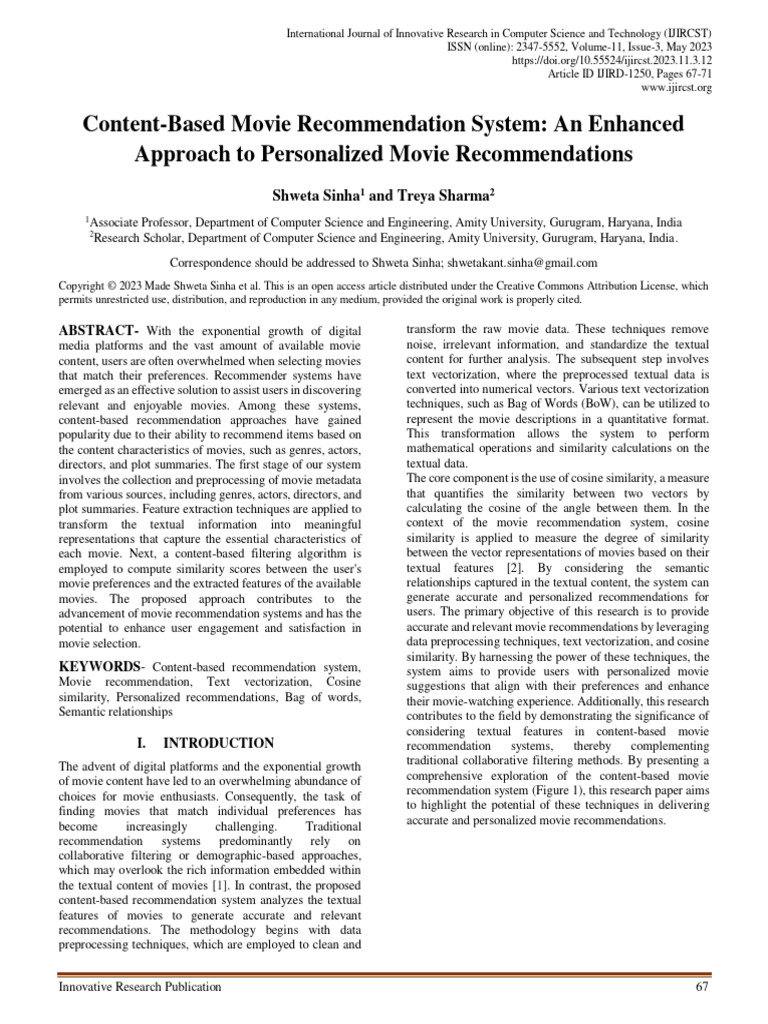 Content Based Movie Recommendation System An Enhanced Approach To ...