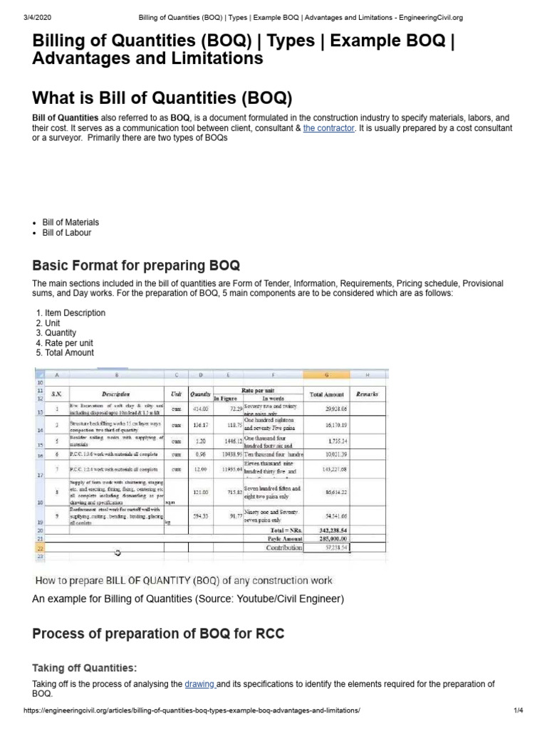 Billing of Quantities BOQ Types Example | PDF | Concrete | Cement
