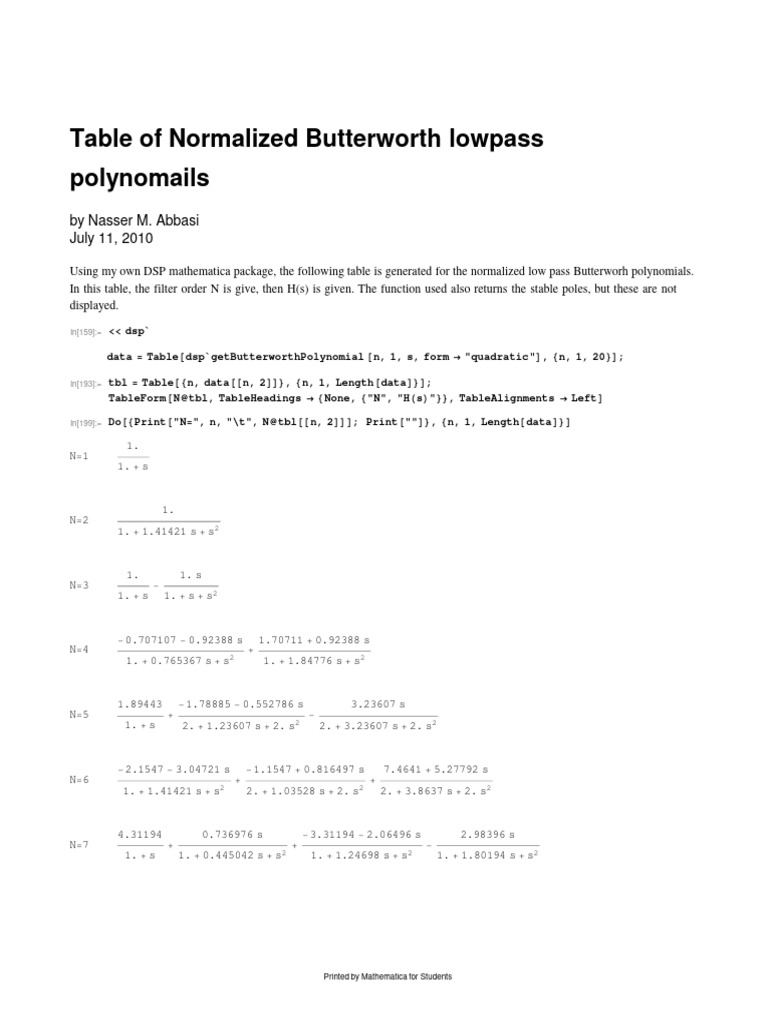Normalized Butterworth Polynomials Table | PDF | Algorithms ...