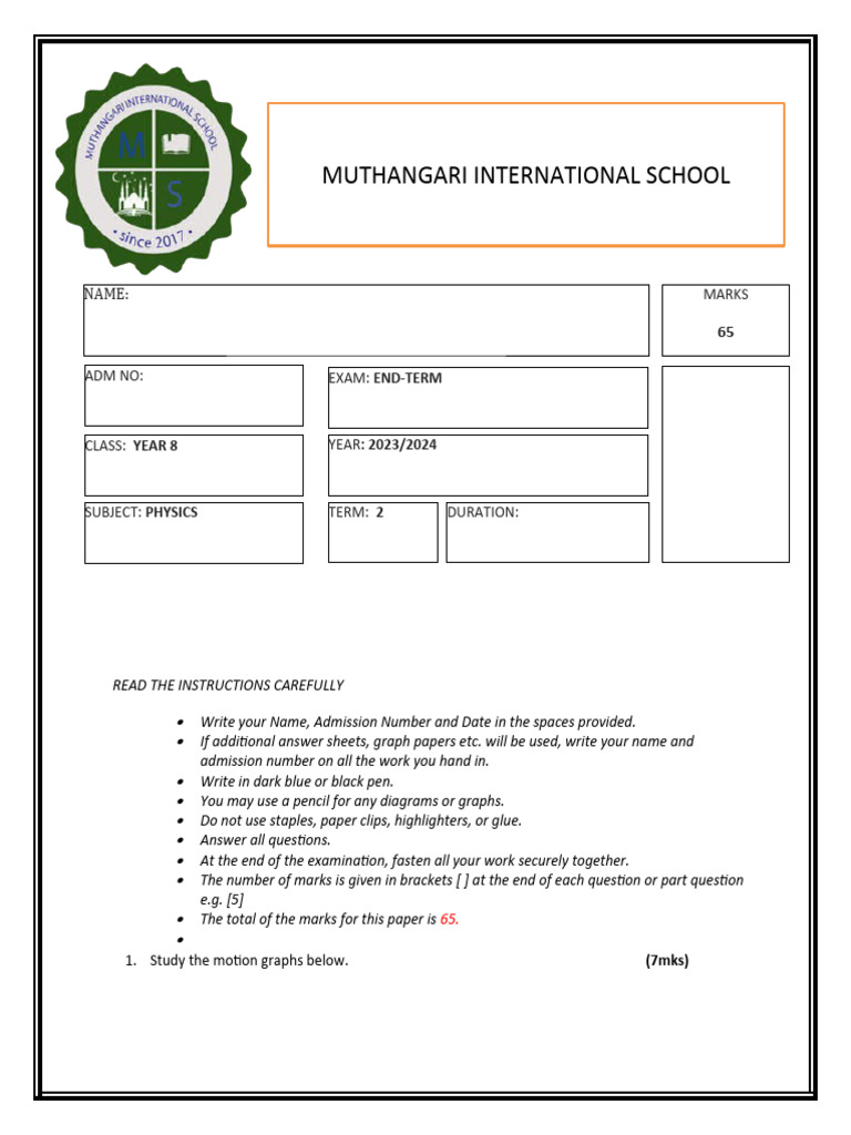 Year 8 Physics End-Term Exam Instructions | PDF | Light | Force