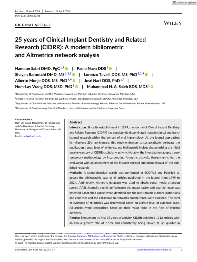 Clin Implant Dent Rel Res - 2024 - Sabri - 25 Years of Clinical Implant Dentistry and Related ...