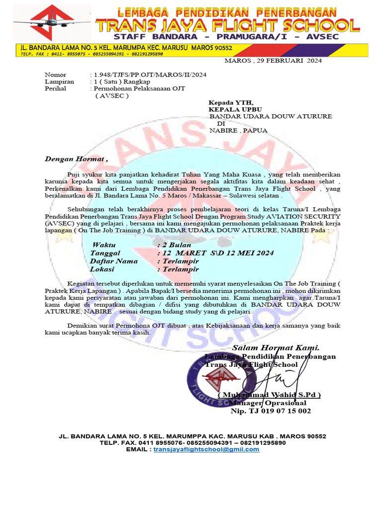 Permohonan Ojt Avsec | PDF