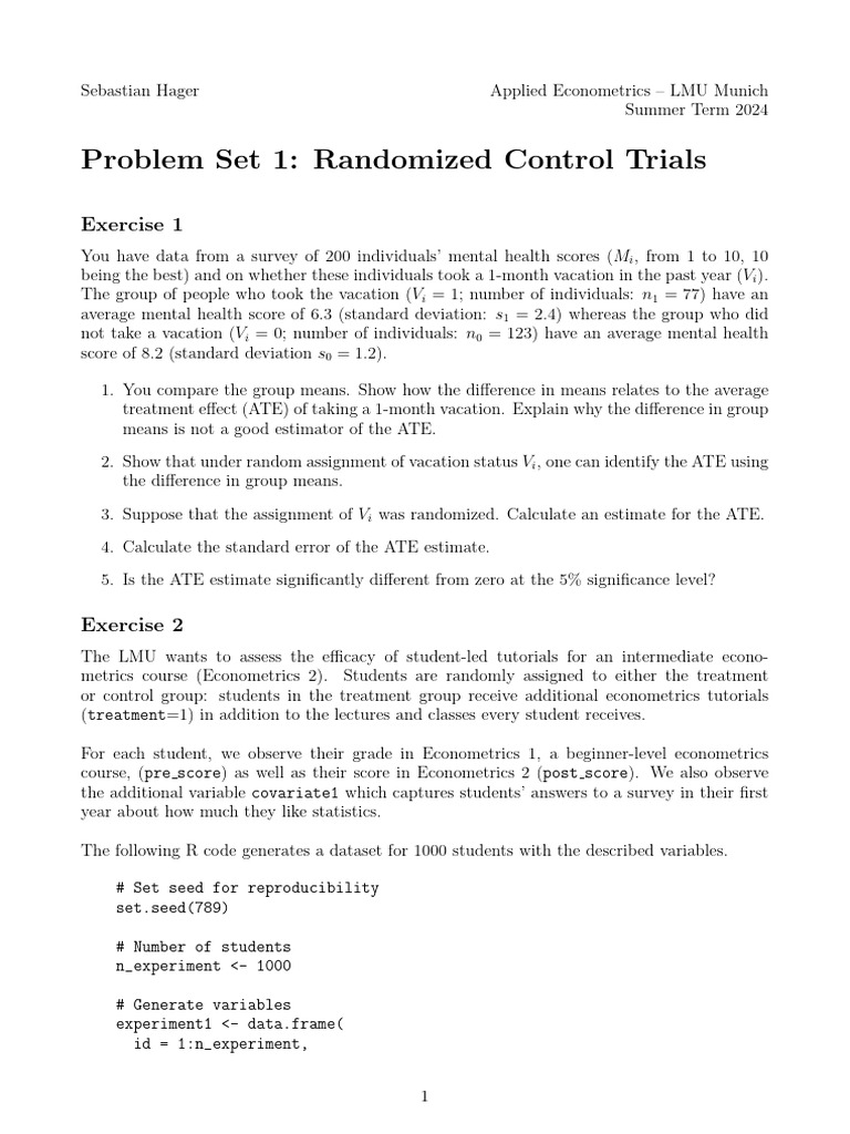 Problem Set 1: Randomized Control Trials: Exercise 1 | PDF | Econometrics | Standard Deviation