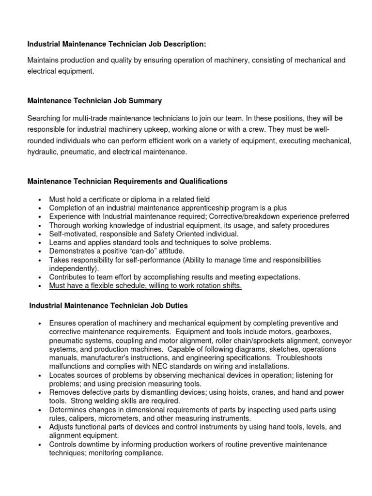 Industrial Maintenance Technician Job Responsibilities | PDF | Machines ...