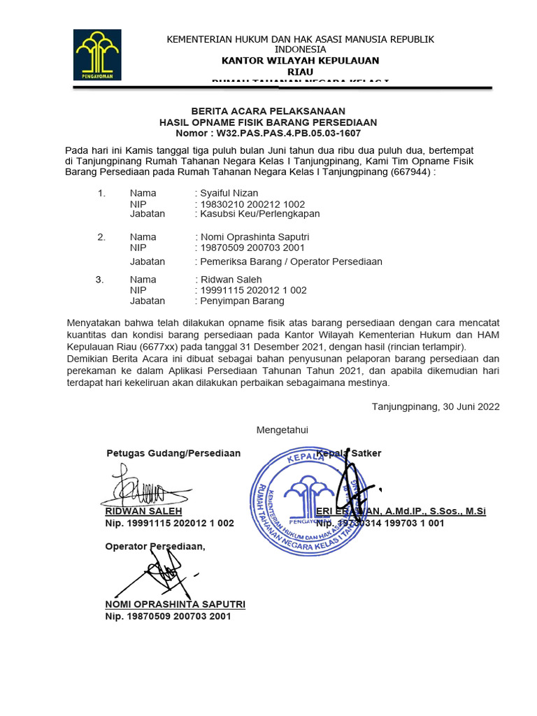 Berita Acara Stock Opname Fisik Persediaan | PDF