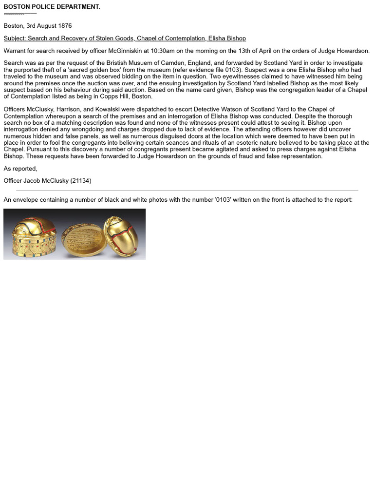 Boston Police Report Chapel of Contemplation Stolen Goods Re - Cthulhu ...