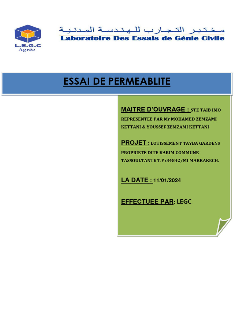 Essai de Perméabilité à Tayba Gardens | PDF | Limon | Perméabilité (fluide)
