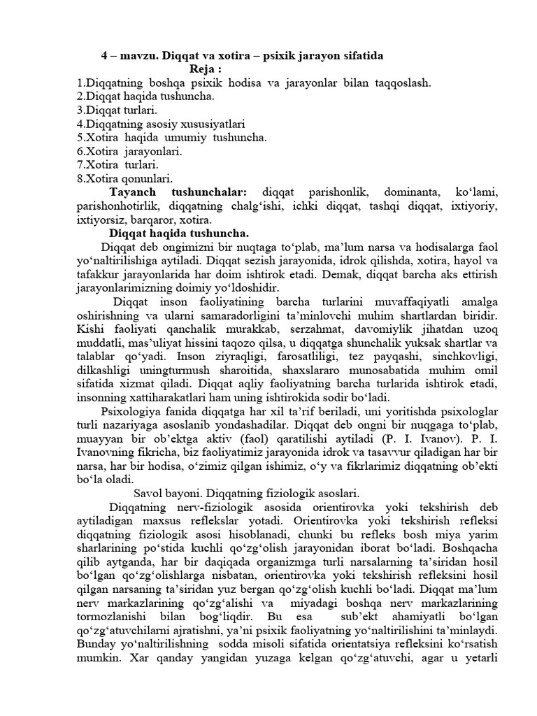 4 - Mavzu. Diqqat Va Xotira - Psixik Jarayon Sifatida Reja | PDF