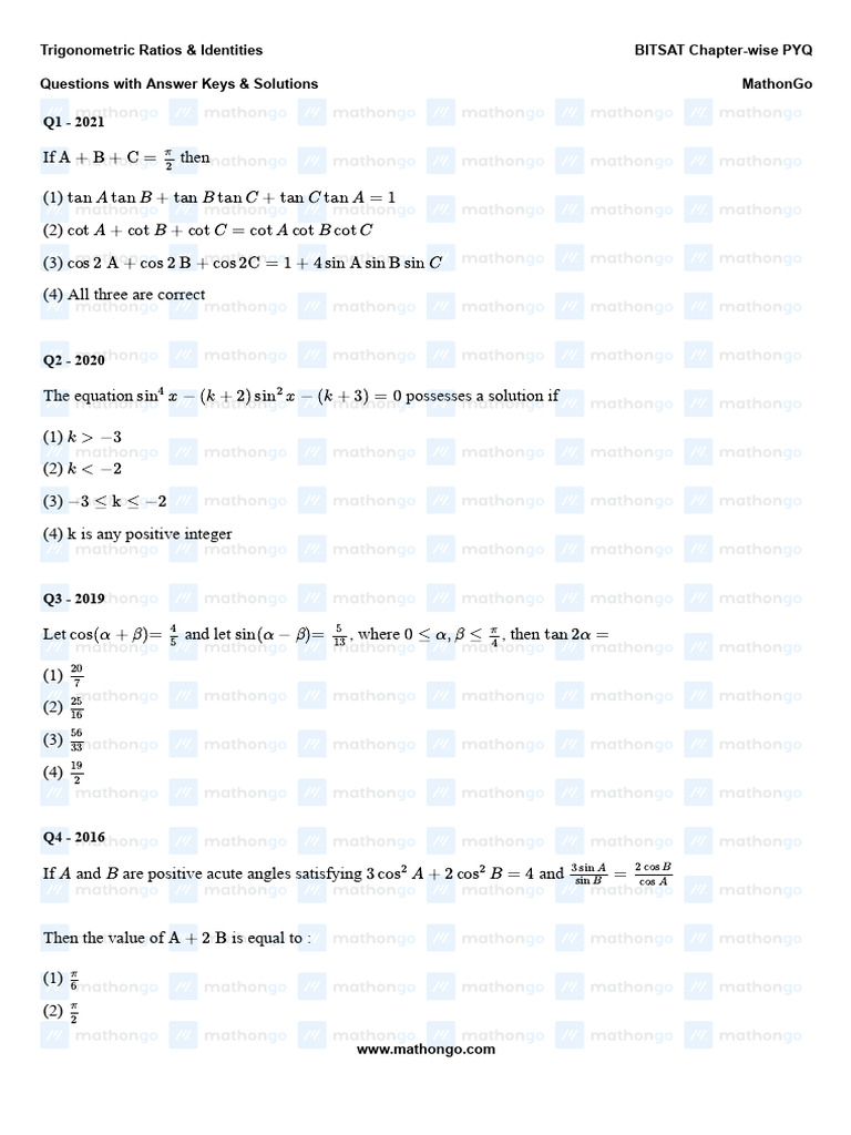 PYQ - Trigonometric Ratios & Identities | PDF | Combinatorics | Mathematical Concepts