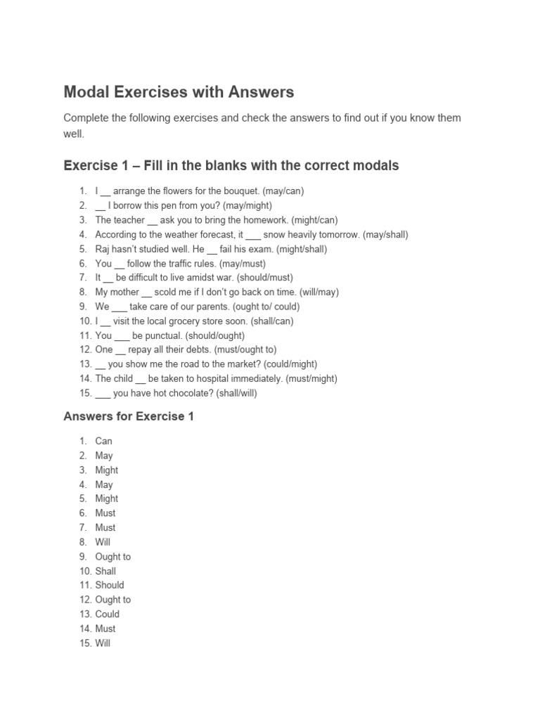 Modal Exercises With Answers | PDF