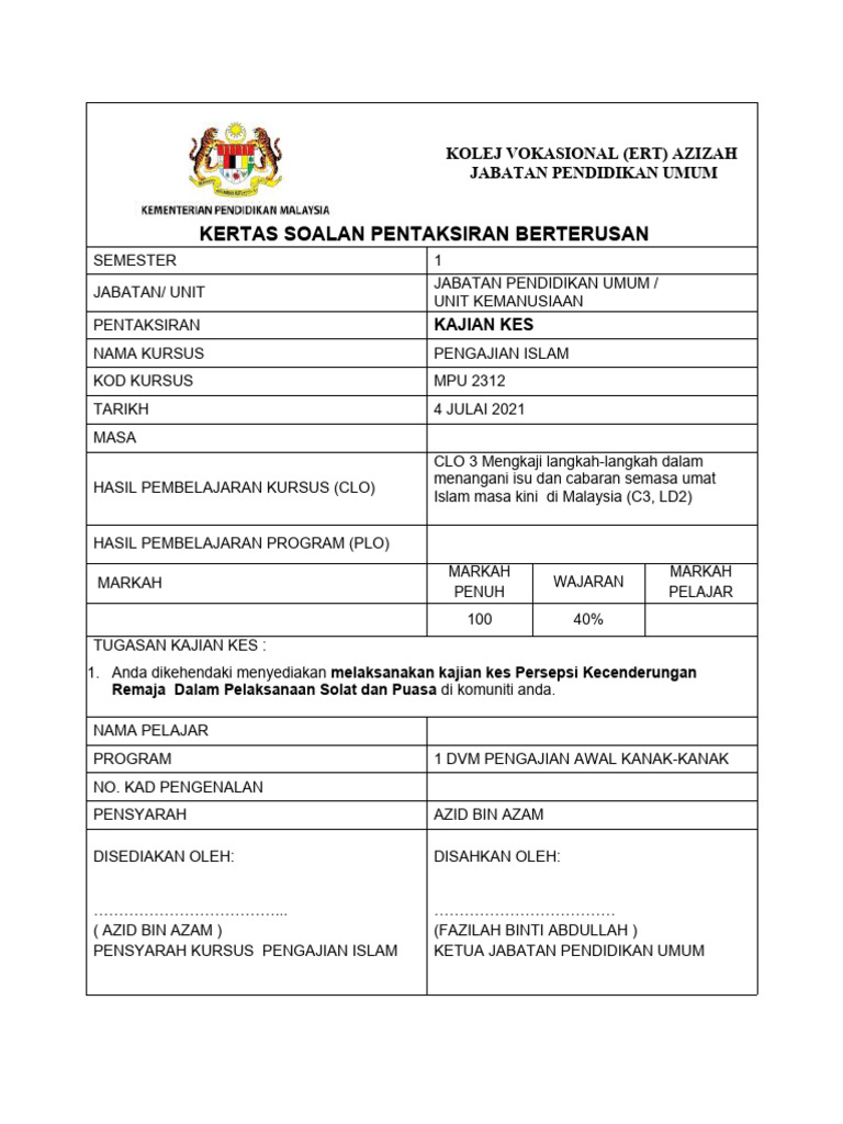 Contoh Kajian Kes 2021 | PDF