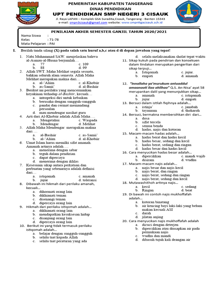 Soal PAS Ganjil PAI Kls 7 2021 | PDF