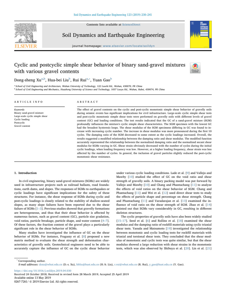 2019 - Xu - Cyclic and Postcyclic Simple Shear Behavior of Binary Sand ...