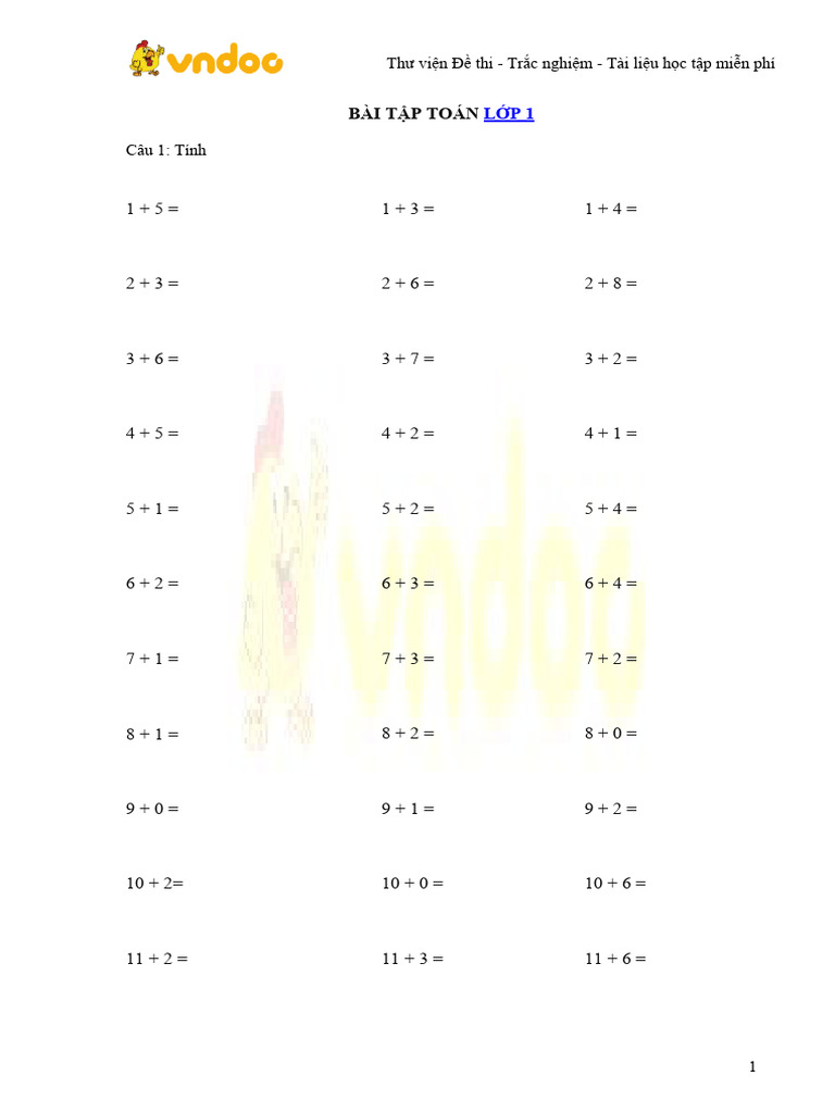 Tong Hop Bai Tap Toan Lop 1 | PDF